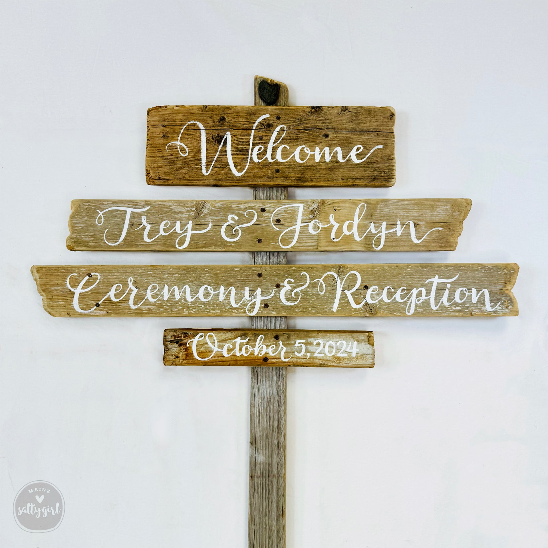 Custom Stacked Directional Wedding Signs on Post – Maine Salty Girl