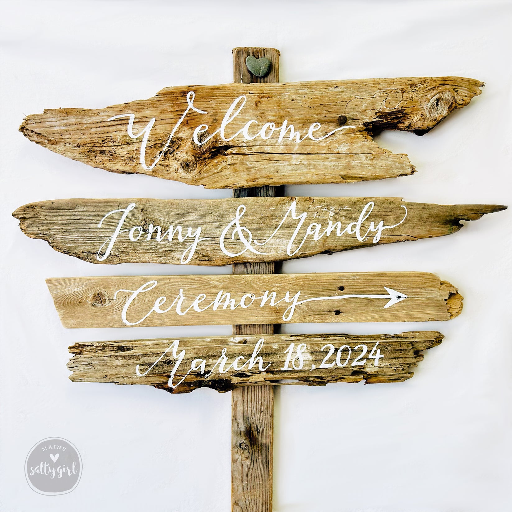 Custom Stacked Directional Wedding Signs on Post – Maine Salty Girl