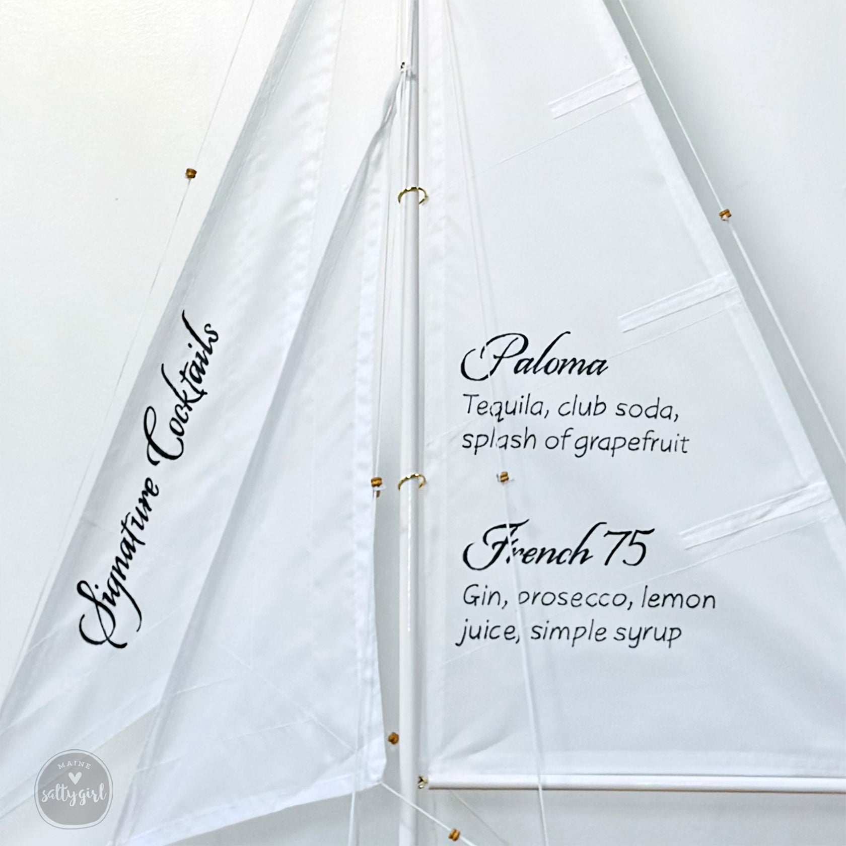 Hand-Lettered Model Sailboat Bar Menu – Custom Wedding Decor – Maine Salty Girl