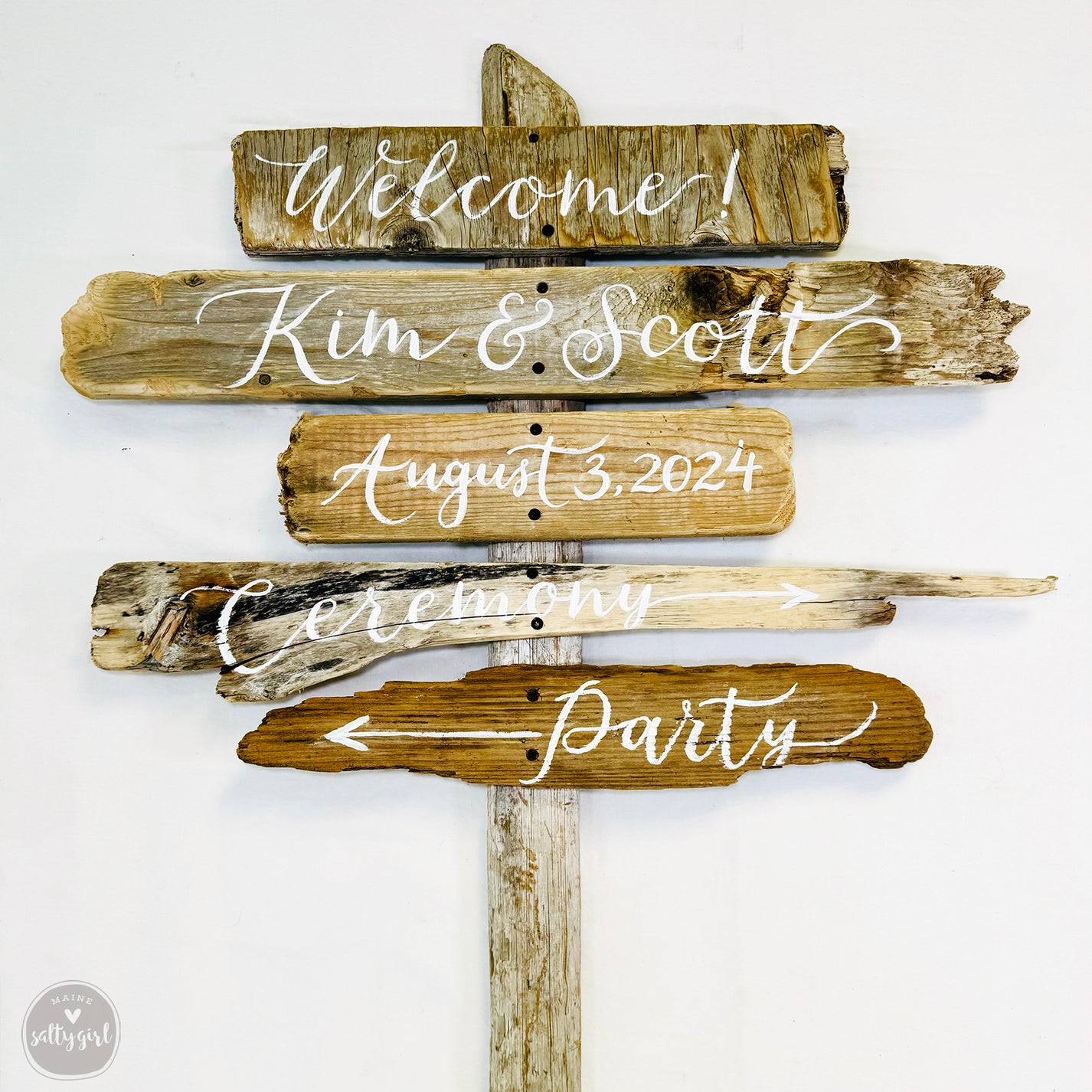 Custom Stacked Directional Wedding Signs on Post – Maine Salty Girl