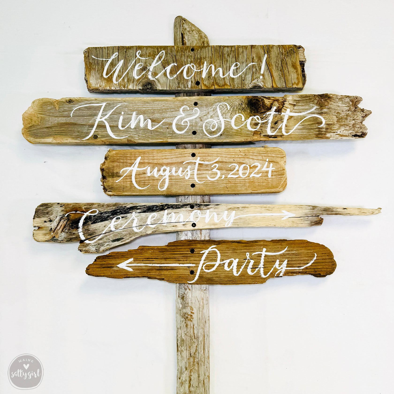 Custom Stacked Directional Wedding Signs on Post – Maine Salty Girl