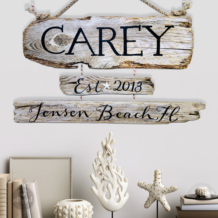 Custom 3-Tiered Driftwood Sign - Personalized Sign with Fishing Rope H ...